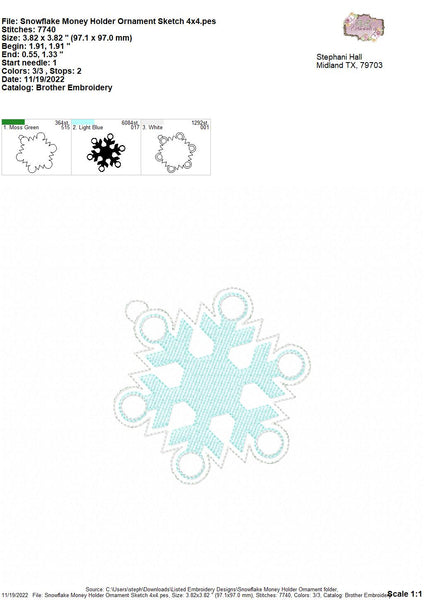 Snowflake Money Holder Ornament Applique and Sketch – A-Z Blanks and ...